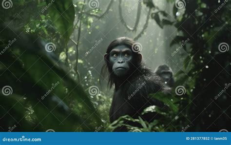 recreation of a hominid female looking with attention in the jungle