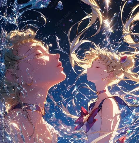 Two Anime Girls With Long Blonde Hair Float In A Dreamy Underwater Scene Stock Illustration