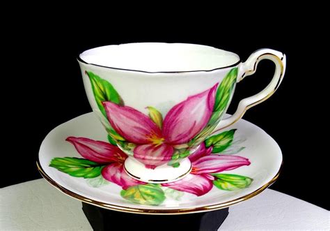 Royal Stafford Porcelain Pink Trillium Pattern Vintage 2 58 Cup And Saucer 1940s Etsy