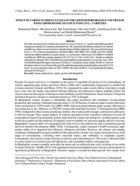 Pdf Effect Of Varied Nutrient Levels On The Growth Performance And Yield Of Bangladesh Sesame