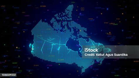 미래 지향적인 파란색 다채로운 반짝이는 디지털 기술 Hud Dots 모자이크 그리드 캐나다 지도 숫자 기술 입자로 빛 스캐닝 0