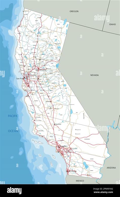 High Detailed California Road Map With Labeling Stock Vector Image