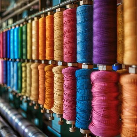 A Row Of Spools Of Thread Are Hanging On A Wall In A Store With