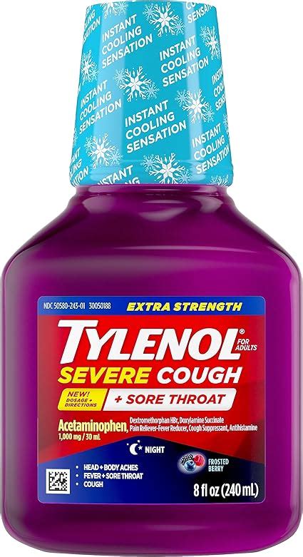 Tylenol Extra Strength Severe Cough Sore Throat Nighttime Liquid Cold Medicine