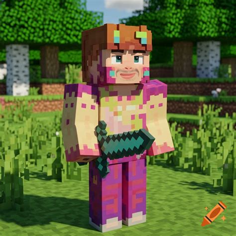 Two Minecraft Girls One In A Pink Sweater The Other In A Kimono And Fox Mask Standing In A