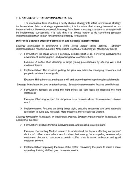 The Nature Of Strategy Implementation Pdf Strategic Management Business