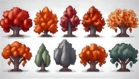 Vibrant Autumn Pixelated Tree Set 16bit Pixel Art Collection Of Autumn