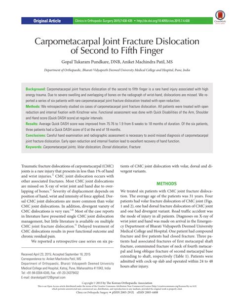 Pdf Carpometacarpal Joint Fracture Dislocation Of Second To Fifth Finger