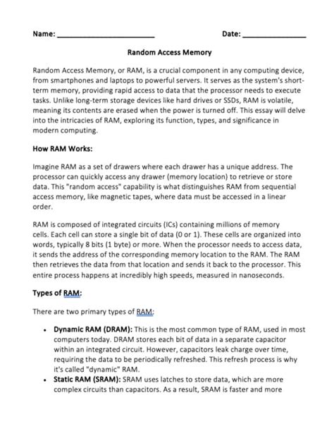 Random Access Memory Computer Worksheet 100 Editable By The Stem