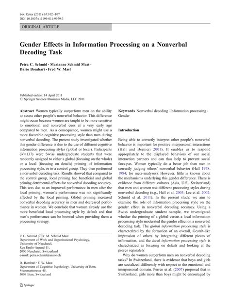 Pdf Gender Effects In Information Processing On A Nonverbal Decoding Task
