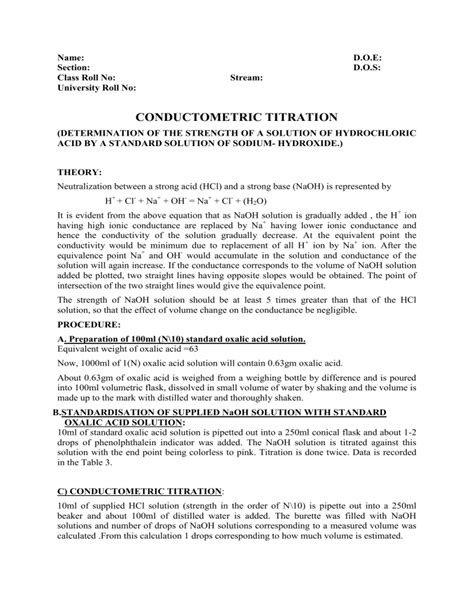 Conductometric Titration Lab Hcl Strength Determination