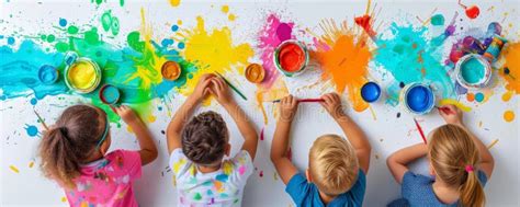 Niños Pintando Juntos Creando Arte Colorido Con Brochas Y Pinturas Foto
