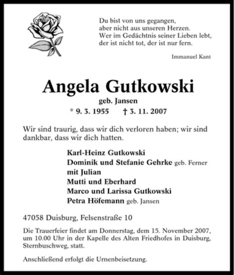 Traueranzeigen Von Angela Gutkowski Trauer In Nrw De