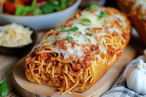 Spaghetti Stuffed Garlic Bread For A Crowd Pleaser
