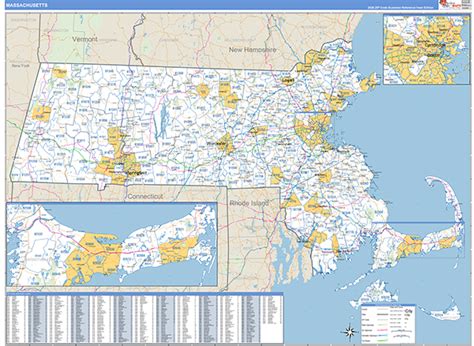 Massachusetts Zip Code Wall Map Basic Style By Marketmaps Mapsales