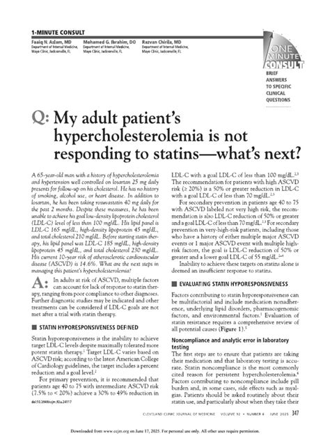 Hypercholesterolemia Not Responding To Statins Ccjm 2025 Pdf