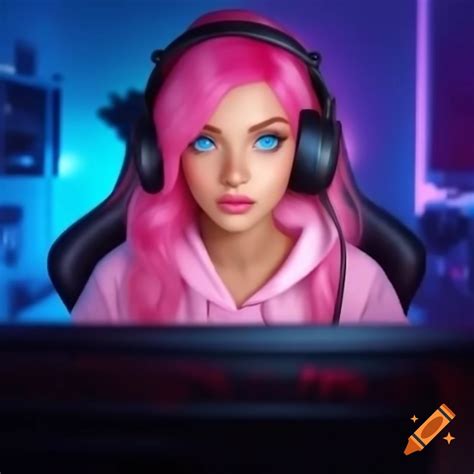 Female Gamer With Pink Hair And Blue Eyes In Front Of Computer Setup On