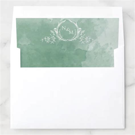 Elegant Green Watercolor White Monogram Wedding Envelope Liner Zazzle