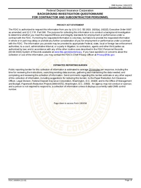 Fillable Online Form 1600 04 Fdic Background Investigation