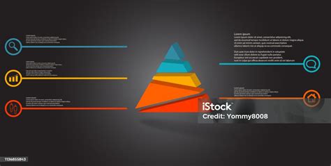 3d 그림 인포 그래픽 템플릿입니다 양각 삼각형은 무작위로 5 개의 색상 부분으로 나뉩니다 개체는 회색 검정색 배경에 배치 됩니다 원에 기호가 있는 선은 측면에 있습니다 5