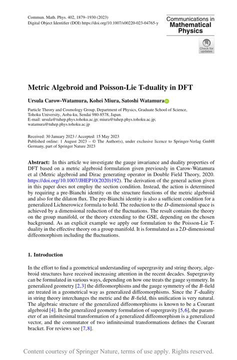 Metric Algebroid And Poisson Lie T Duality In Dft Request Pdf