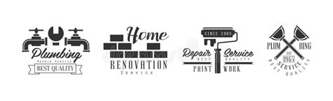 Plumbing And Repairing Service Black And White Sign Design Vector Set