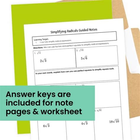 Simplifying Radicals Notes And Worksheet 8th Grade Math And Algebra 1 Lesson
