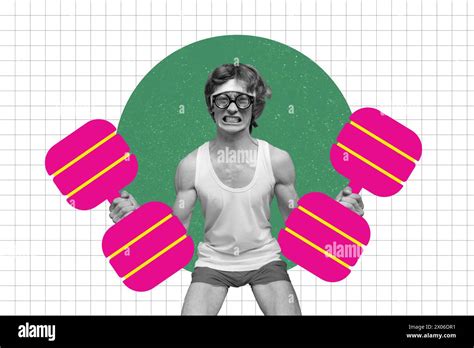 Creative Trend Collage Of Nerd Young Man Lifting Dumbbell Sporty
