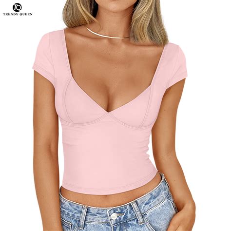 Trendy Queen Womens Deep V Neck Backless Tops Short Sleeve Slim Fit T