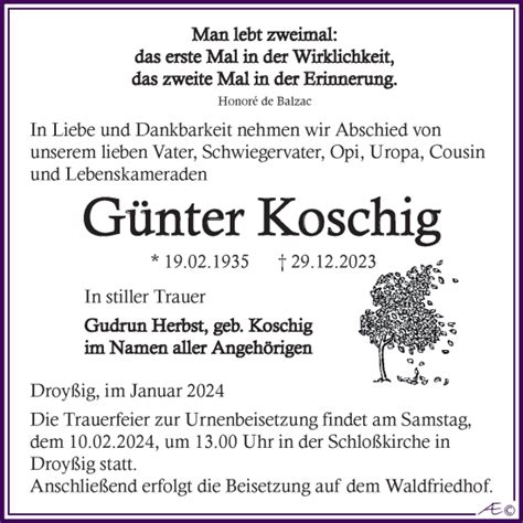 Traueranzeigen Von Günter Koschig Abschied Nehmen De