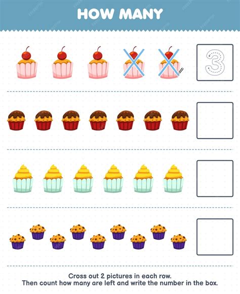 어린이를 위한 교육 게임은 만화 컵케이크 머핀의 수를 세고 상자에 인쇄 가능한 음식 워크시트에 숫자를 씁니다 프리미엄 벡터