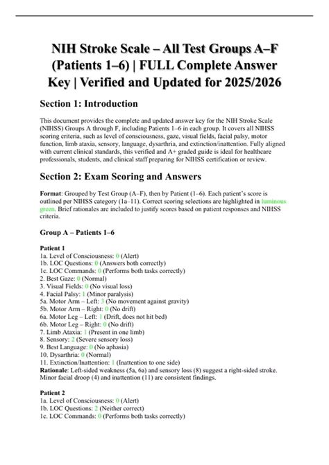 Nih Stroke Scale All Test Groups A F Patients 1 6 Complete Answer Key Verified And Fully