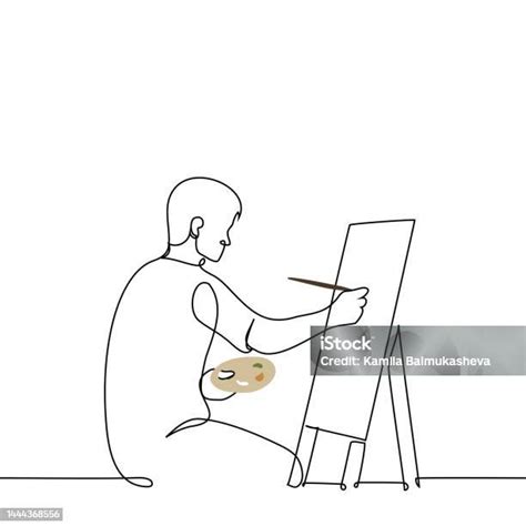 팔레트를 들고 이젤 앞에 앉아 붓으로 캔버스에 그림을 그리는 남자 한 선 그리기 벡터 그림을 그리는 과정에서 남성 예술가의 개념