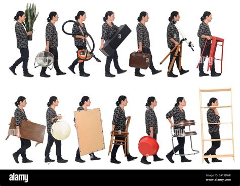 Side View Of The Same Woman Walking Carrying Various Objects From His House House Moving