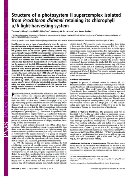 Pdf Structure Of A Photosystem Ii Supercomplex Isolated From