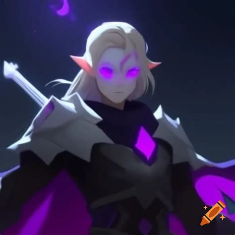 Pale Aetherborn With Purple Glowing Eyes And Marble Like Mask With Sword In Hand And Purple Hue