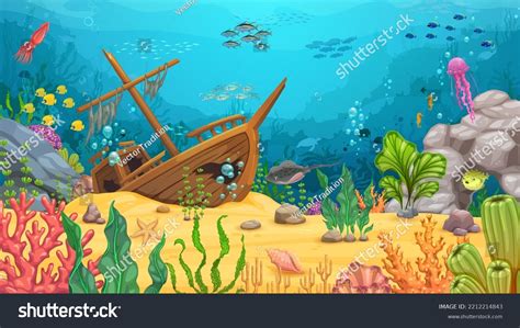 Cartoon Underwater Landscape Sunken Sail Ship Stock Vector Royalty
