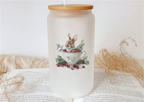 Rabbit Teacup Frosted Glass Tumbler Cottagecore Drinkware Etsy