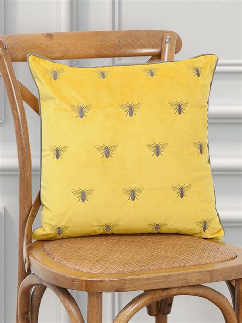 Ochre Embroidered Bee Velvet Cushion Ponden Home