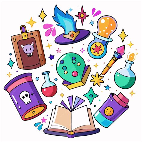 A Colorful Collection Of Magical Objects Including A Book Potion Bottles A Wand And A Hat
