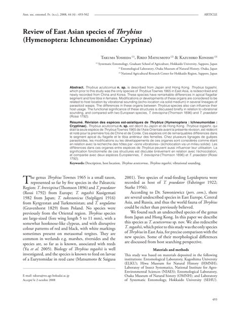 Pdf Review Of East Asian Species Of Thrybius Hymenoptera Ichneumonidae Cryptinae
