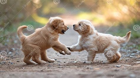 Two Cute Golden Retriever Puppies Playing Stock Illustration