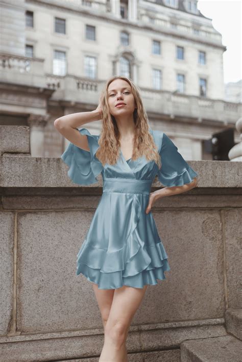 Blue Mini Silk Dress Ruffle Wrap Dress Blue Satin Dress With Short