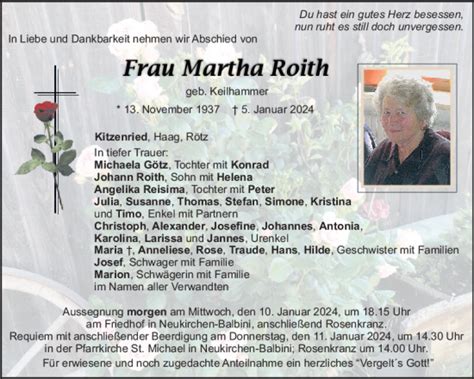 Traueranzeigen Von Martha Roith Mittelbayerische Trauer