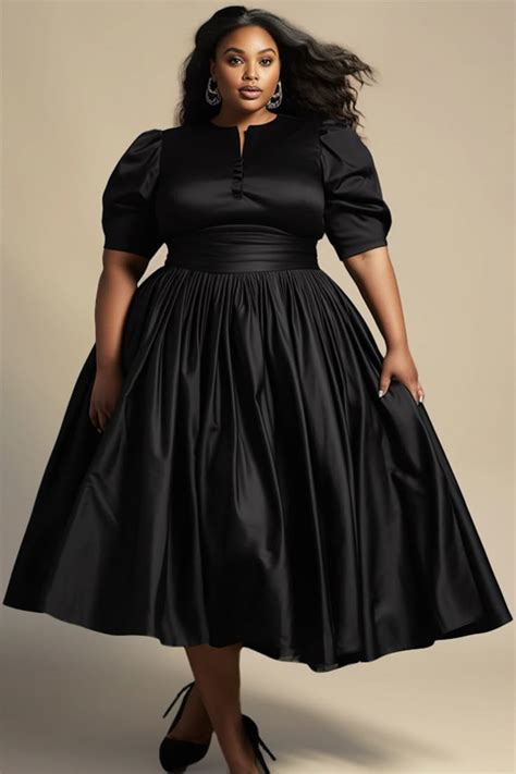 Xpluswear Design Plus Size Semi Formal Elegant Black Round Neck Puff