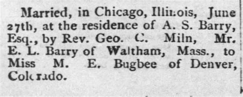 Bugbee Mary Evelyn Marries E L Barry Of Waltham In Chicago 1881 ™