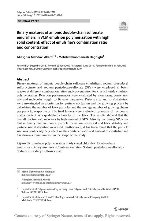 Binary Mixtures Of Anionic Double Chain Sulfonate Emulsifiers In Vcm