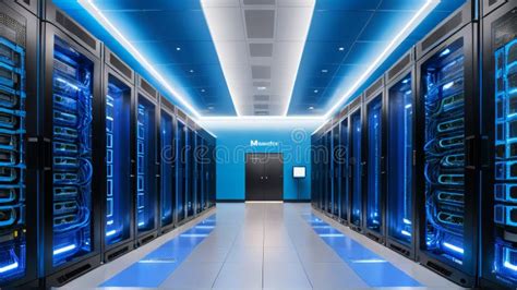 A Parallel Row Of Servers Adorned In Electric Blue Fills A Technology Driven Data Center