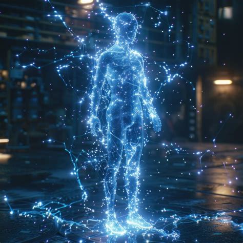 Glowing Blue Hologram Of The Outline And Shape Of An Adult Human Figure