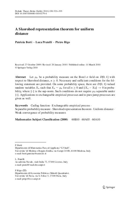 Pdf A Skorohod Representation Theorem For Uniform Distance